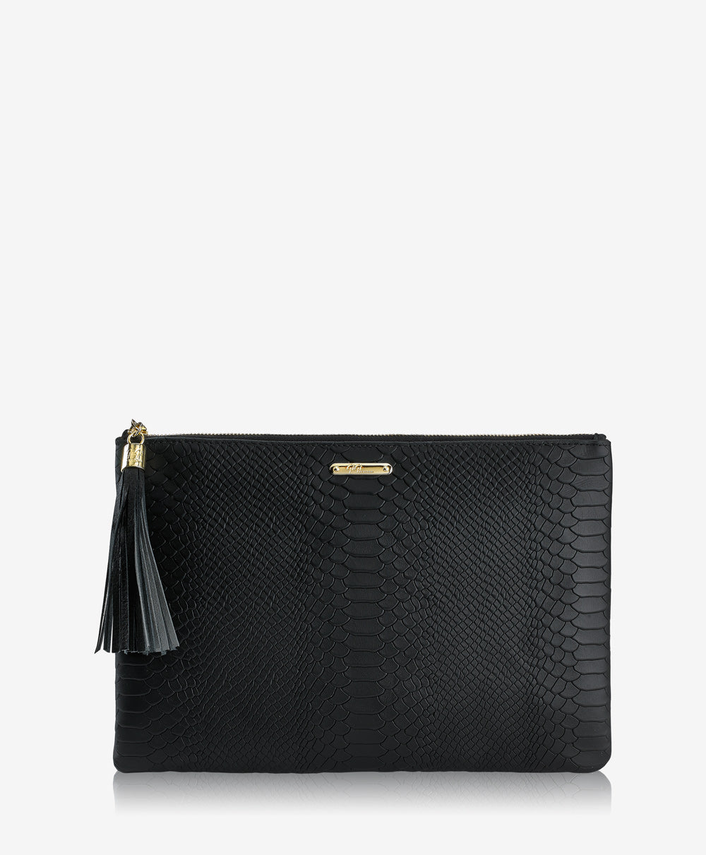 Uber Clutch | Black Embossed Python Leather