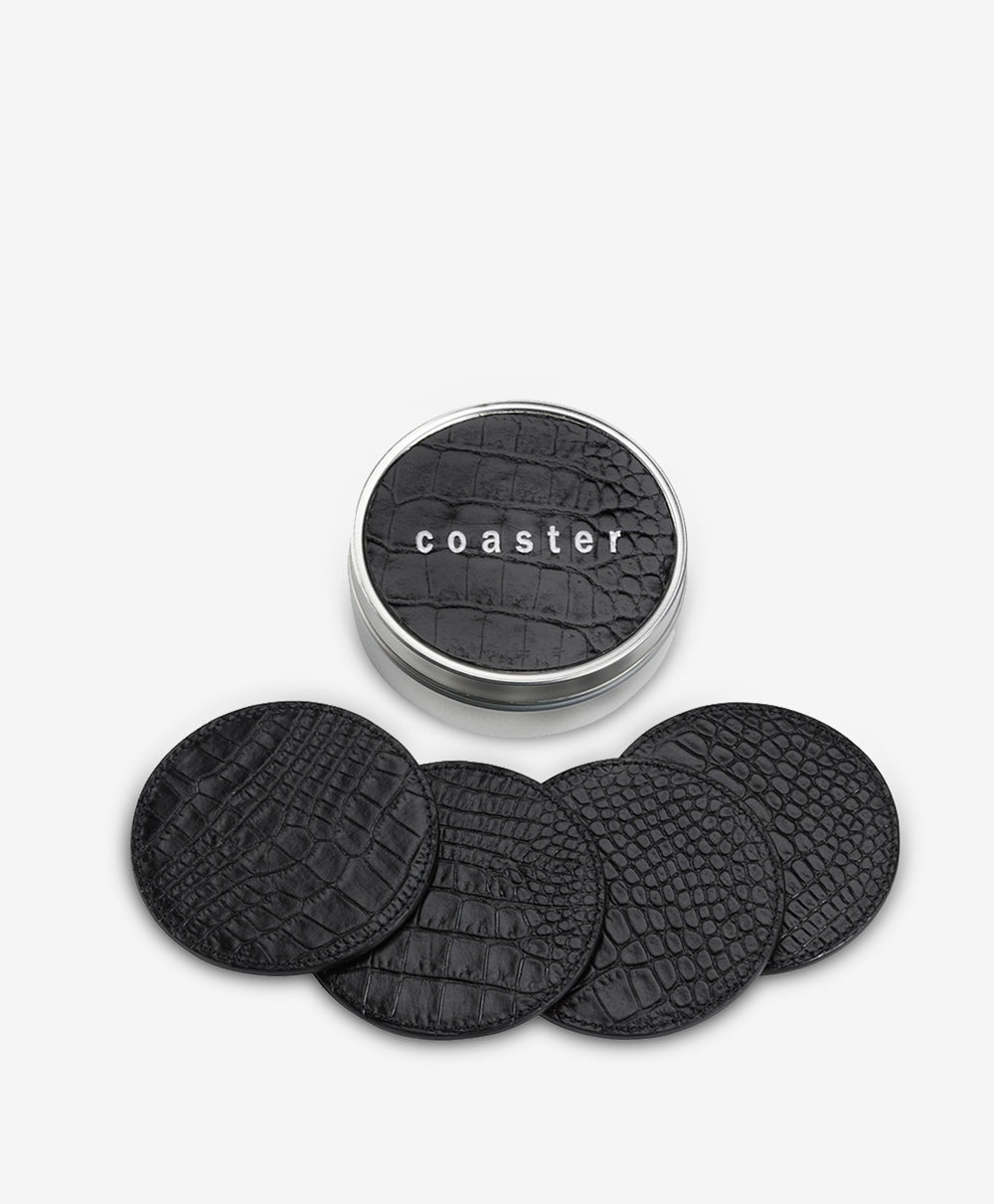 4 Coasters in Tin Box | Black Crocodile Embossed Leather