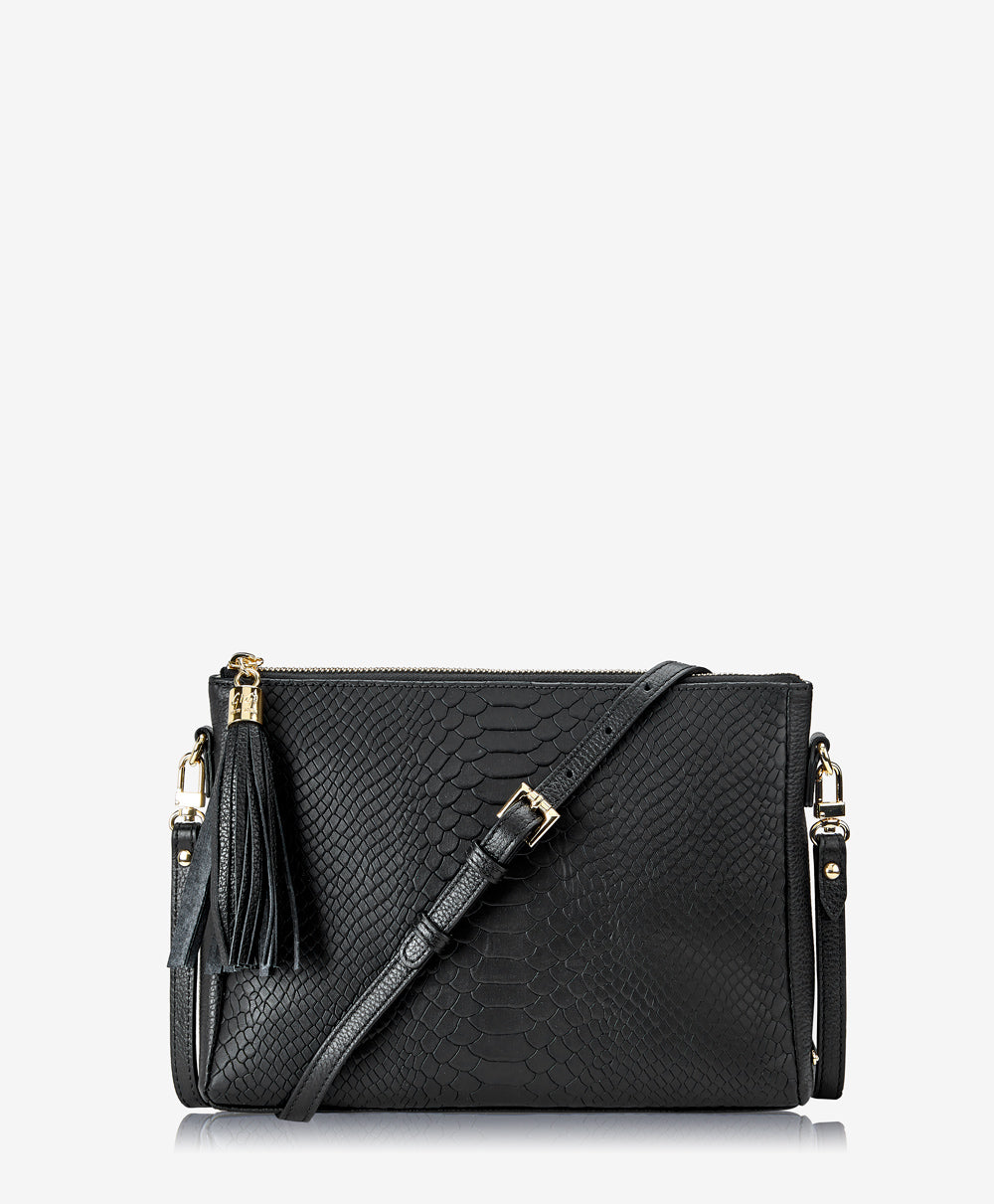 Black Cross-Body Bag | Embossed Python Leather