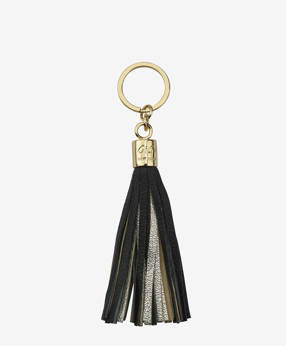 Leather Tassel Key Chain | Black and Gold Leather